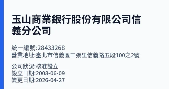 玉山商業銀行股份有限公司信義分公司的照片-統編 28433268(臺北市) 公司登記資料與營業項目詳細圖表