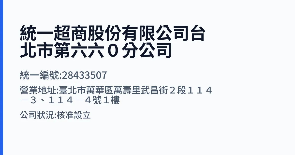 統一超商股份有限公司台北市第六六0分公司 - 統編 28433507(臺北市) 公司登記資料與營業項目詳細圖表