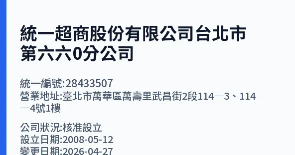 統一超商股份有限公司台北市第六六0分公司的照片-統編 28433507(臺北市) 公司登記資料與營業項目詳細圖表