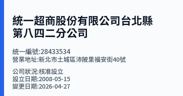 統一超商股份有限公司台北縣第八四二分公司的照片-統編 28433534(新北市) 公司登記資料與營業項目詳細圖表