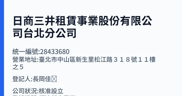 日商三井租賃事業股份有限公司台北分公司的照片-統編 28433680(臺北市) 公司登記資料與營業項目詳細圖表