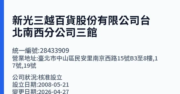 新光三越百貨股份有限公司台北南西分公司三館的照片-統編 28433909(臺北市) 公司登記資料與營業項目詳細圖表
