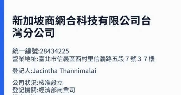 新加坡商網合科技有限公司台灣分公司的照片-統編 28434225(臺北市) 公司登記資料與營業項目詳細圖表