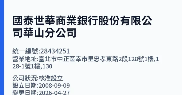 國泰世華商業銀行股份有限公司華山分公司的照片-統編 28434251(臺北市) 公司登記資料與營業項目詳細圖表