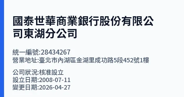 國泰世華商業銀行股份有限公司東湖分公司的照片-統編 28434267(臺北市) 公司登記資料與營業項目詳細圖表
