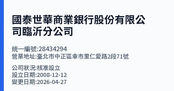 國泰世華商業銀行股份有限公司臨沂分公司的照片-統編 28434294(臺北市) 公司登記資料與營業項目詳細圖表