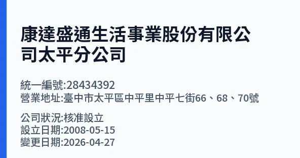 康達盛通生活事業股份有限公司太平分公司的照片-統編 28434392(臺中市) 公司登記資料與營業項目詳細圖表