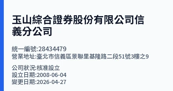 玉山綜合證券股份有限公司信義分公司的照片-統編 28434479(臺北市) 公司登記資料與營業項目詳細圖表