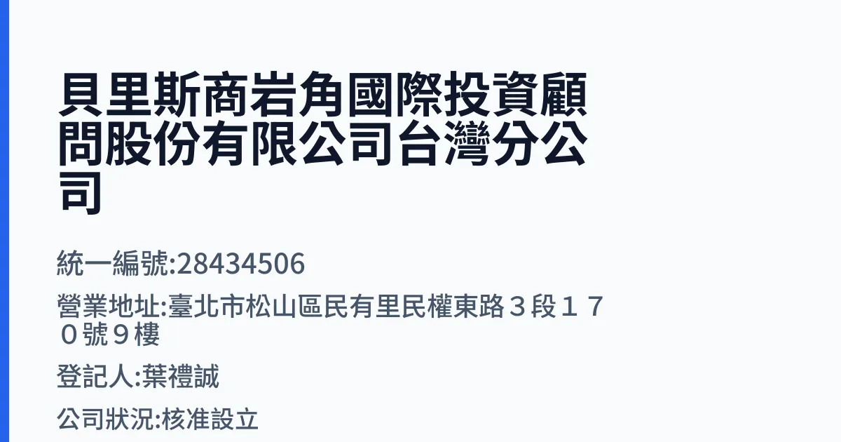 貝里斯商岩角國際投資顧問股份有限公司台灣分公司 - 統編 28434506(臺北市) 公司登記資料與營業項目詳細圖表