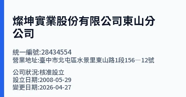 燦坤實業股份有限公司東山分公司的照片-統編 28434554(臺中市) 公司登記資料與營業項目詳細圖表