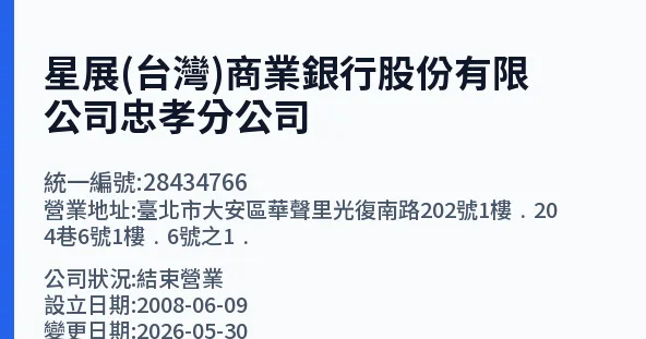 星展(台灣)商業銀行股份有限公司忠孝分公司的照片-統編 28434766(臺北市) 公司登記資料與營業項目詳細圖表