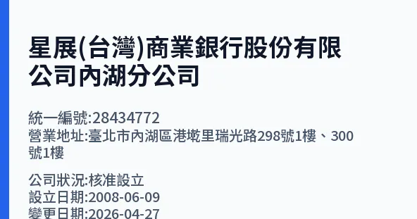 星展(台灣)商業銀行股份有限公司內湖分公司的照片-統編 28434772(臺北市) 公司登記資料與營業項目詳細圖表