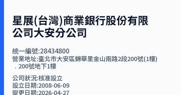 星展(台灣)商業銀行股份有限公司大安分公司的照片-統編 28434800(臺北市) 公司登記資料與營業項目詳細圖表