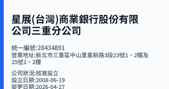 星展(台灣)商業銀行股份有限公司三重分公司的照片-統編 28434891(新北市) 公司登記資料與營業項目詳細圖表