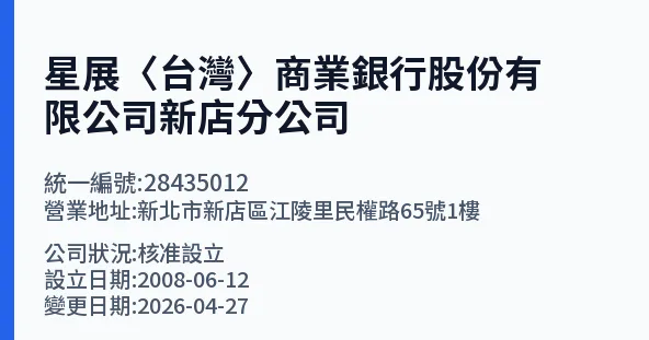 星展〈台灣〉商業銀行股份有限公司新店分公司的照片-統編 28435012(新北市) 公司登記資料與營業項目詳細圖表