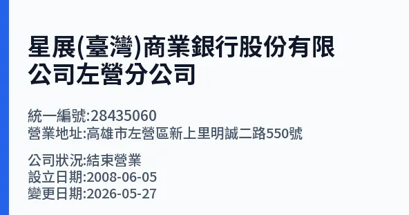 星展(臺灣)商業銀行股份有限公司左營分公司的照片-統編 28435060(高雄市) 公司登記資料與營業項目詳細圖表