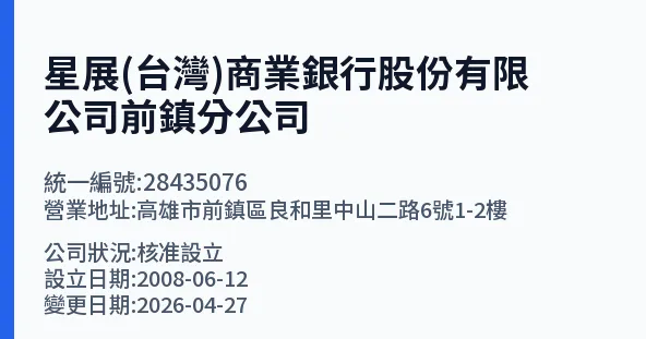 星展(台灣)商業銀行股份有限公司前鎮分公司的照片-統編 28435076(高雄市) 公司登記資料與營業項目詳細圖表