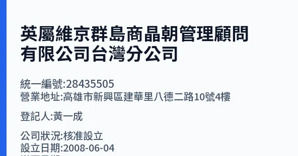 英屬維京群島商晶朝管理顧問有限公司台灣分公司的照片-統編 28435505(高雄市) 公司登記資料與營業項目詳細圖表
