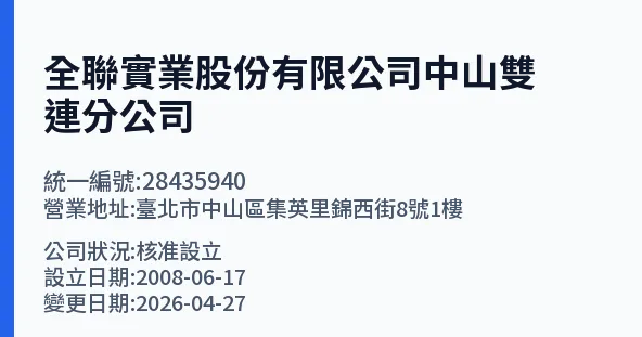 全聯實業股份有限公司中山雙連分公司的照片-統編 28435940(臺北市) 公司登記資料與營業項目詳細圖表
