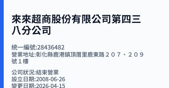 來來超商股份有限公司第四三八分公司的照片-統編 28436482(彰化縣) 公司登記資料與營業項目詳細圖表