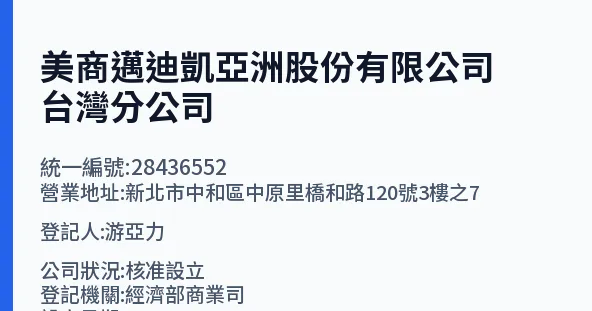 美商邁迪凱亞洲股份有限公司台灣分公司的照片-統編 28436552(新北市) 公司登記資料與營業項目詳細圖表
