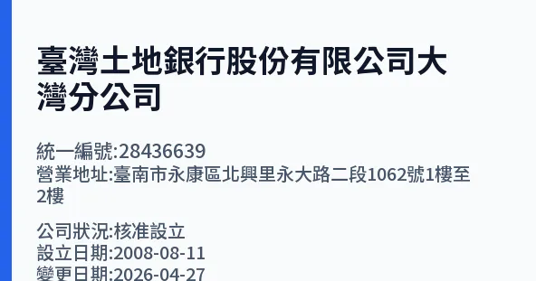 臺灣土地銀行股份有限公司大灣分公司的照片-統編 28436639(臺南市) 公司登記資料與營業項目詳細圖表