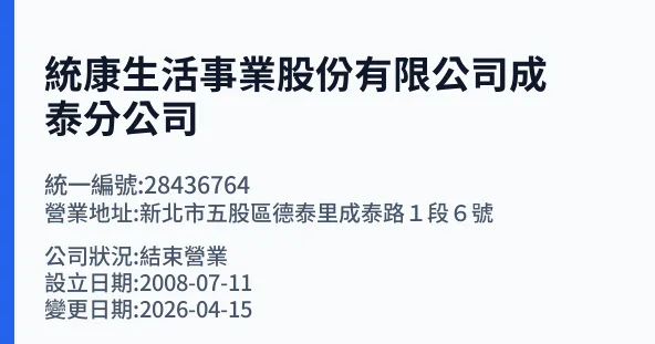 統康生活事業股份有限公司成泰分公司的照片-統編 28436764(新北市) 公司登記資料與營業項目詳細圖表
