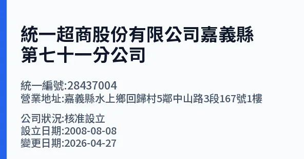 統一超商股份有限公司嘉義縣第七十一分公司的照片-統編 28437004(嘉義縣) 公司登記資料與營業項目詳細圖表