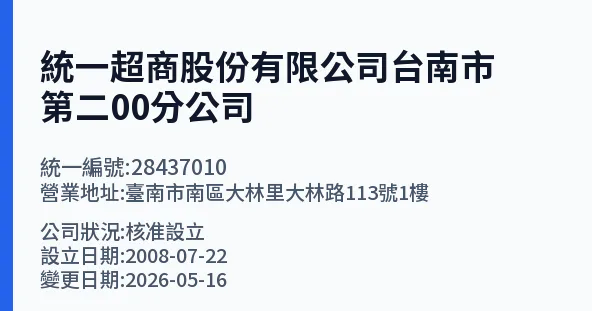 統一超商股份有限公司台南市第二00分公司的照片-統編 28437010(臺南市) 公司登記資料與營業項目詳細圖表