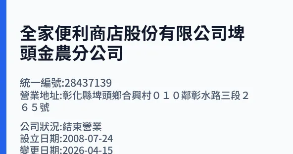 全家便利商店股份有限公司埤頭金農分公司的照片-統編 28437139(彰化縣) 公司登記資料與營業項目詳細圖表