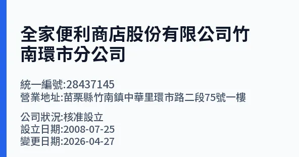 全家便利商店股份有限公司竹南環市分公司的照片-統編 28437145(苗栗縣) 公司登記資料與營業項目詳細圖表