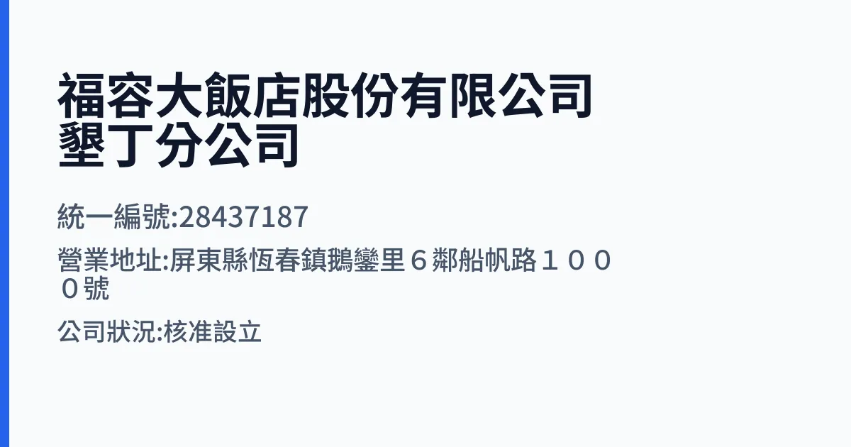 福容大飯店股份有限公司墾丁分公司 - 統編 28437187(屏東縣) 公司登記資料與營業項目詳細圖表