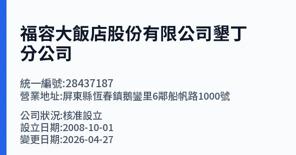 福容大飯店股份有限公司墾丁分公司的照片-統編 28437187(屏東縣) 公司登記資料與營業項目詳細圖表