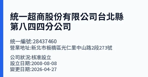 統一超商股份有限公司台北縣第八四四分公司的照片-統編 28437460(新北市) 公司登記資料與營業項目詳細圖表