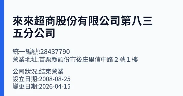 來來超商股份有限公司第八三五分公司的照片-統編 28437790(苗栗縣) 公司登記資料與營業項目詳細圖表