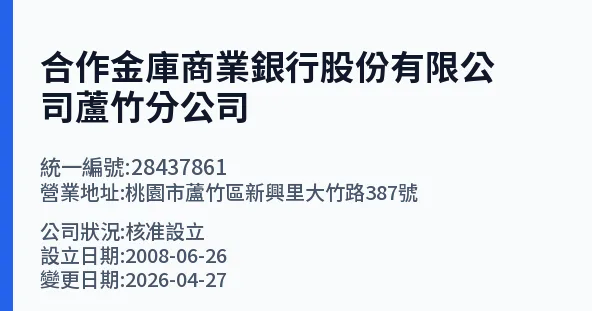 合作金庫商業銀行股份有限公司蘆竹分公司的照片-統編 28437861(桃園市) 公司登記資料與營業項目詳細圖表