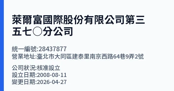 萊爾富國際股份有限公司第三五七○分公司的照片-統編 28437877(臺北市) 公司登記資料與營業項目詳細圖表