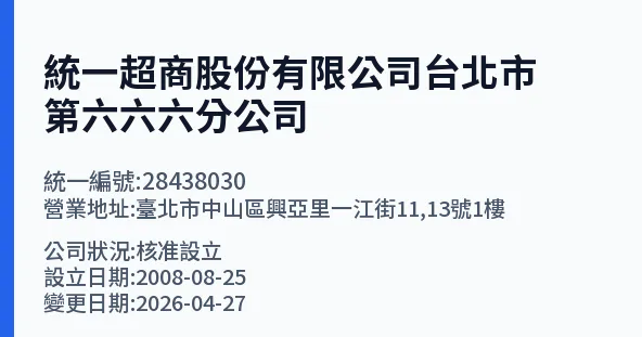 統一超商股份有限公司台北市第六六六分公司的照片-統編 28438030(臺北市) 公司登記資料與營業項目詳細圖表