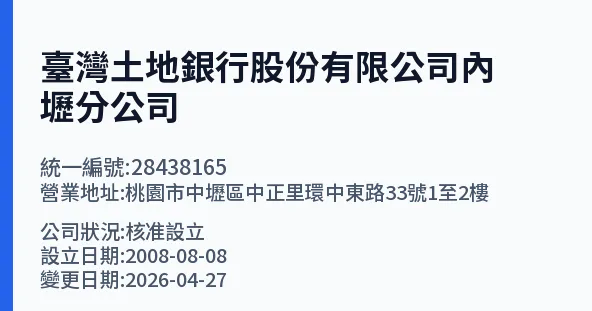 臺灣土地銀行股份有限公司內壢分公司的照片-統編 28438165(桃園市) 公司登記資料與營業項目詳細圖表