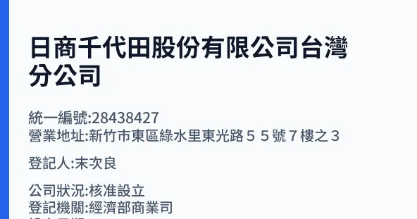 日商千代田股份有限公司台灣分公司的照片-統編 28438427(新竹市) 公司登記資料與營業項目詳細圖表