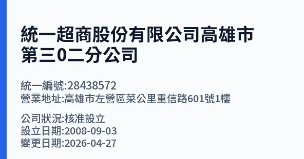 統一超商股份有限公司高雄市第三0二分公司的照片-統編 28438572(高雄市) 公司登記資料與營業項目詳細圖表