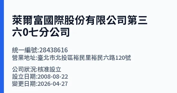萊爾富國際股份有限公司第三六0七分公司的照片-統編 28438616(臺北市) 公司登記資料與營業項目詳細圖表