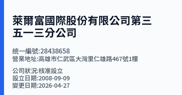 萊爾富國際股份有限公司第三五一三分公司的照片-統編 28438658(高雄市) 公司登記資料與營業項目詳細圖表