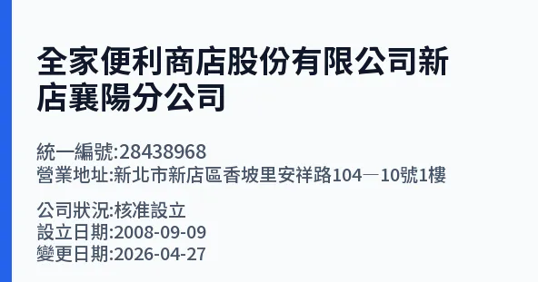 全家便利商店股份有限公司新店襄陽分公司的照片-統編 28438968(新北市) 公司登記資料與營業項目詳細圖表