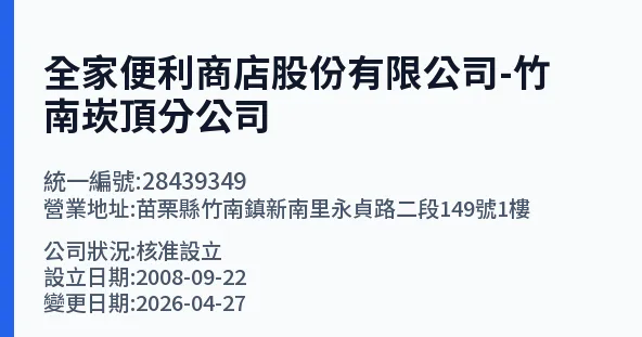 全家便利商店股份有限公司-竹南崁頂分公司的照片-統編 28439349(苗栗縣) 公司登記資料與營業項目詳細圖表