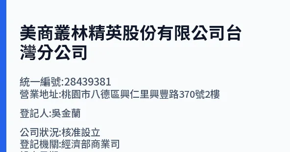 美商叢林精英股份有限公司台灣分公司的照片-統編 28439381(桃園市) 公司登記資料與營業項目詳細圖表