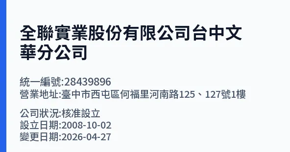 全聯實業股份有限公司台中文華分公司的照片-統編 28439896(臺中市) 公司登記資料與營業項目詳細圖表