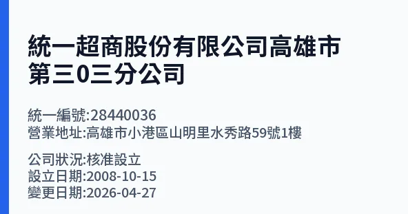 統一超商股份有限公司高雄市第三0三分公司的照片-統編 28440036(高雄市) 公司登記資料與營業項目詳細圖表