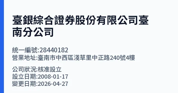 臺銀綜合證券股份有限公司臺南分公司的照片-統編 28440182(臺南市) 公司登記資料與營業項目詳細圖表