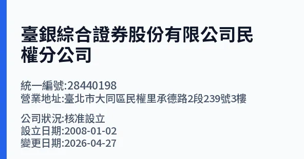 臺銀綜合證券股份有限公司民權分公司的照片-統編 28440198(臺北市) 公司登記資料與營業項目詳細圖表